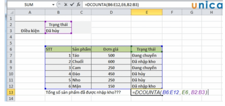 Cách sử dụng hàm DCOUNTA trong Excel